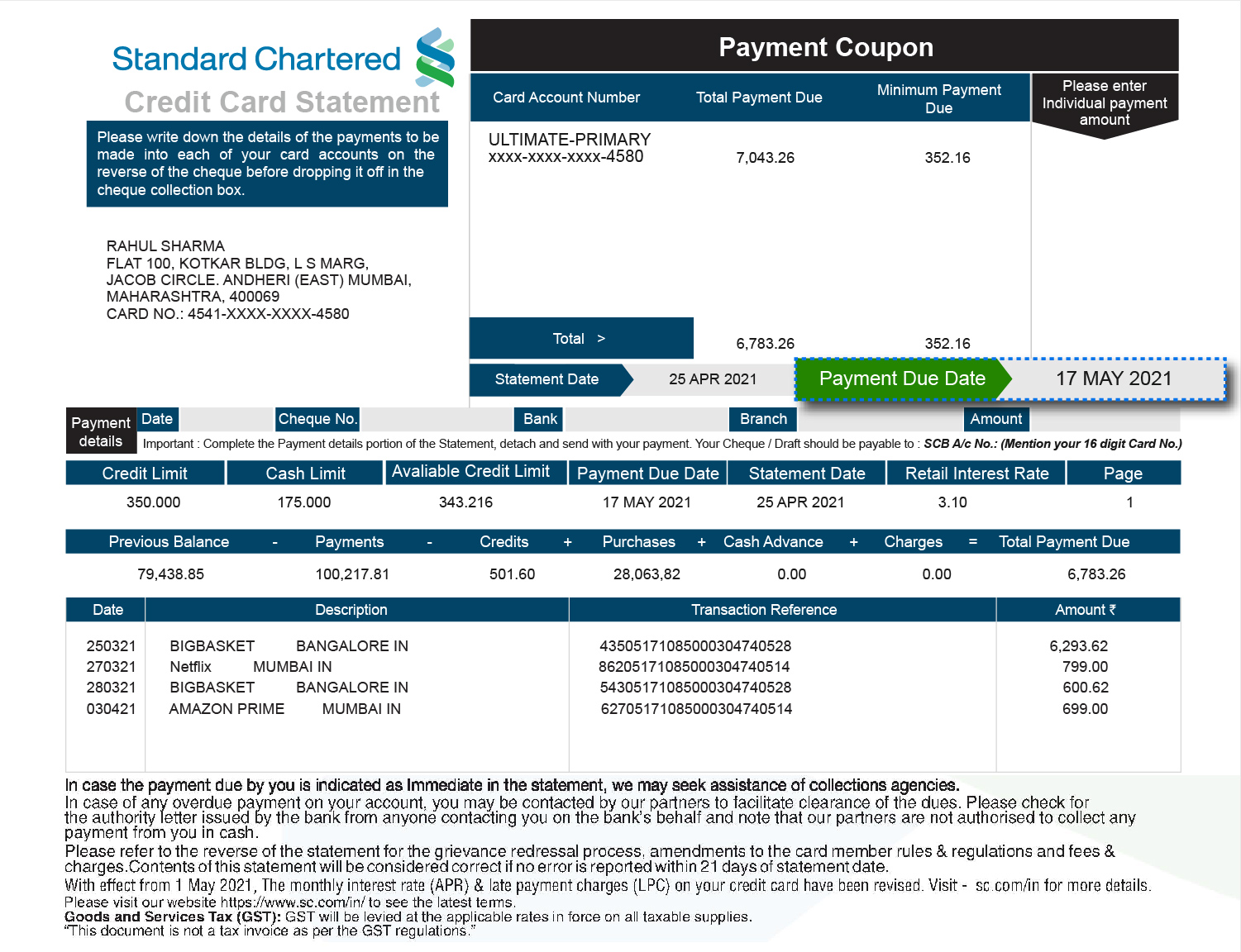 Decoding The Credit Card Statement Standard Chartered India