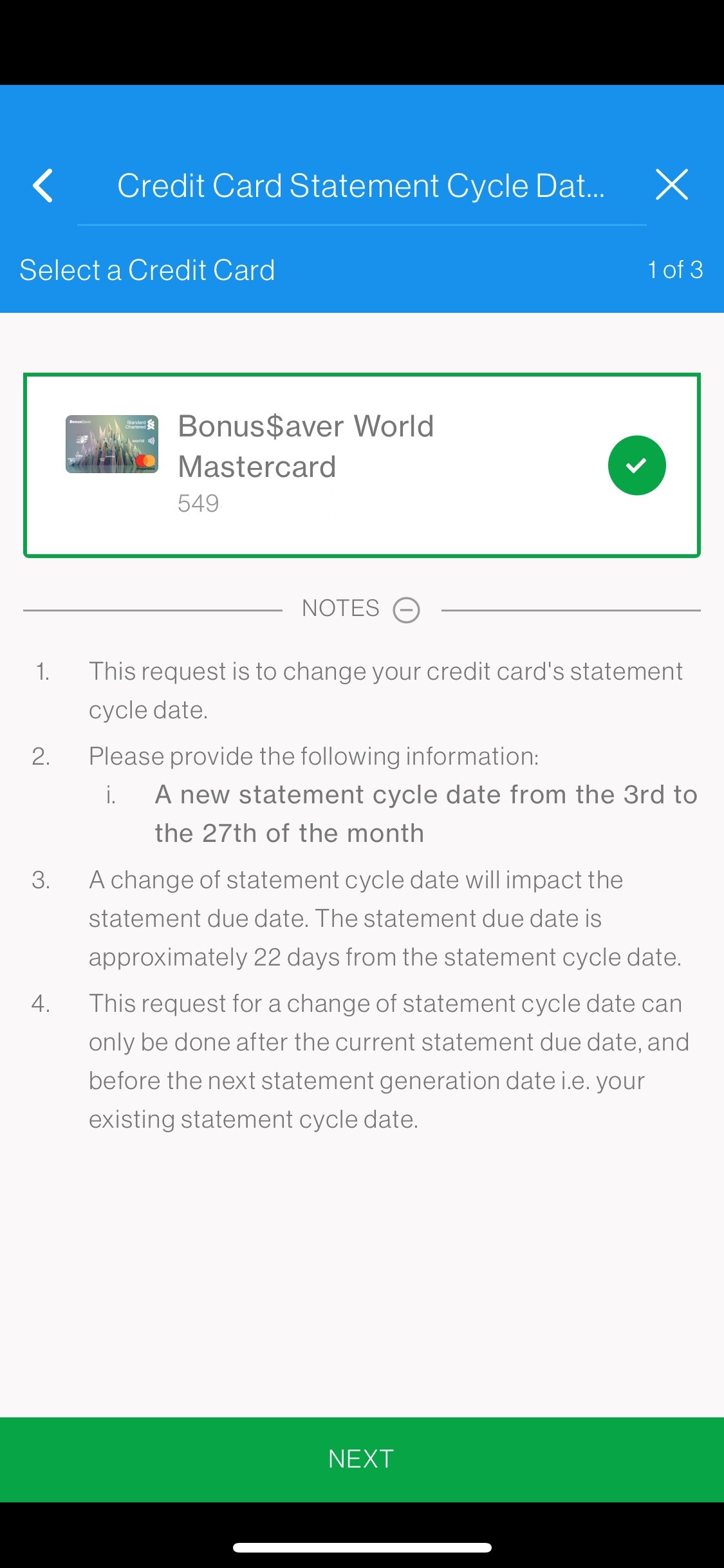 CC Statement Cycle Date Change - Standard Chartered Singapore