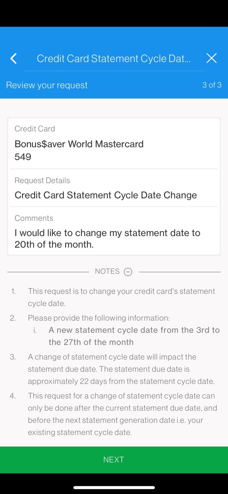 CC Statement Cycle Date Change - Standard Chartered Singapore