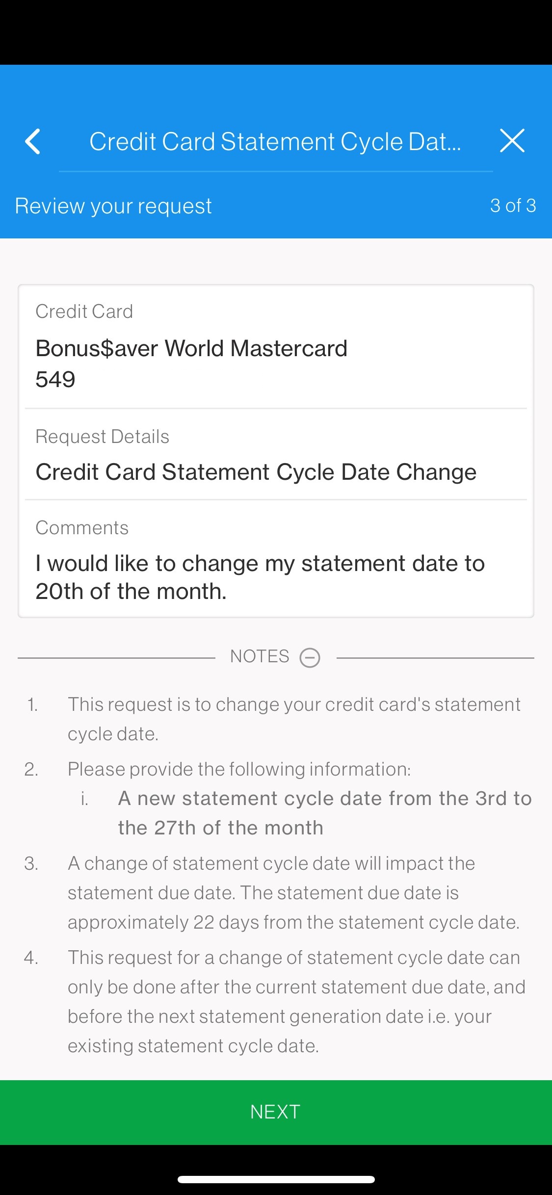 CC Statement Cycle Date Change - Standard Chartered Singapore