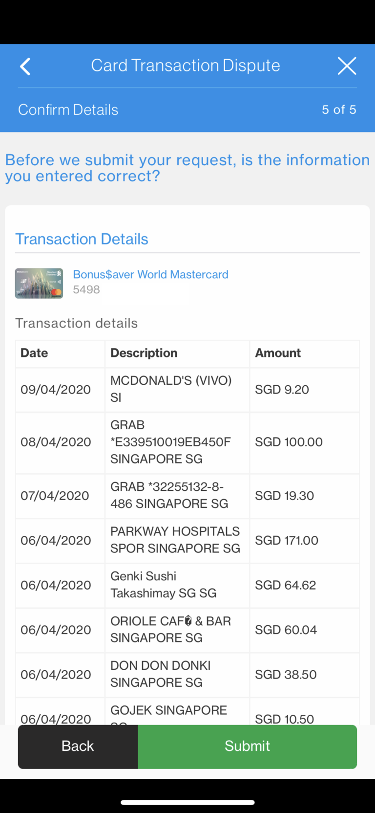 Error in transaction details - Standard Chartered Singapore